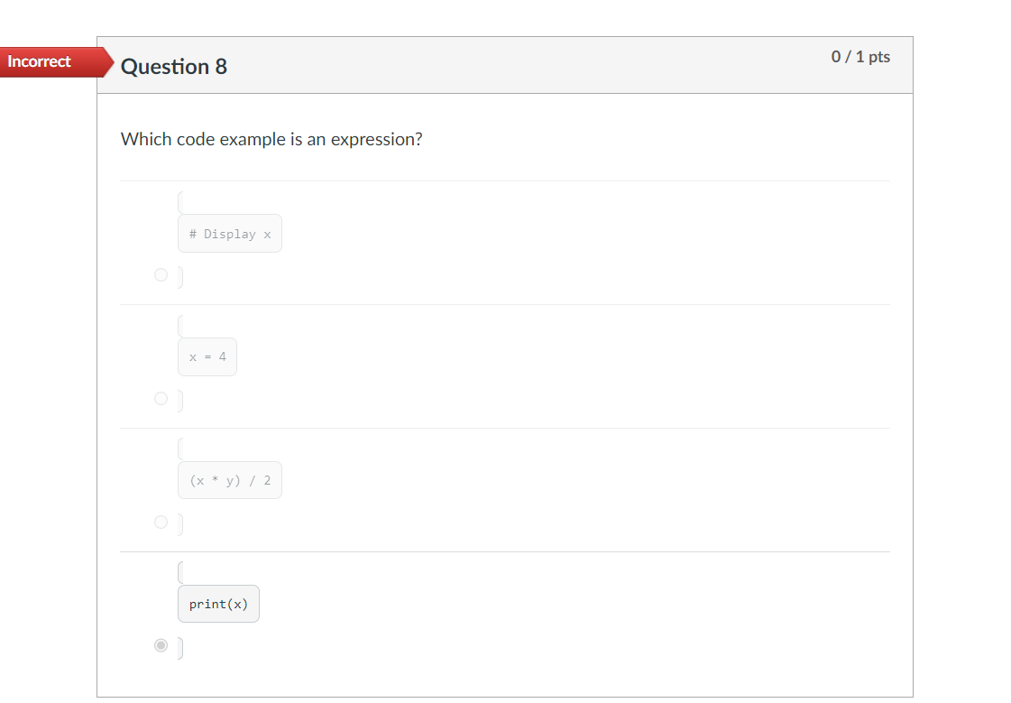Solved Question 8 0/1 pts Which code example is an | Chegg.com Solved Question 8 0/1 pts Which code example is an | Chegg.com