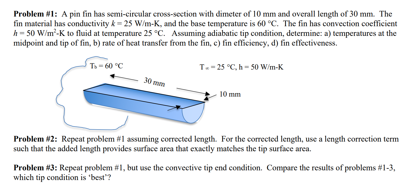 Solved Problem #1: A pin fin has semi-circular cross-section | Chegg.com