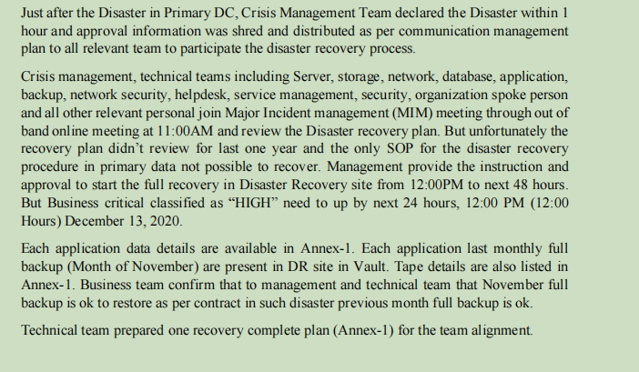 Business Continuity Plan and Disaster Recovery | Chegg.com