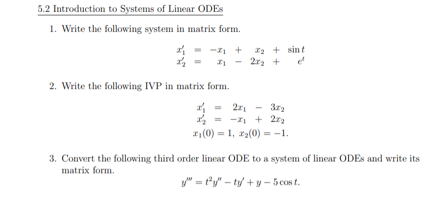 Solved 5.2 Introduction to Systems of Linear ODES 1. Write | Chegg.com