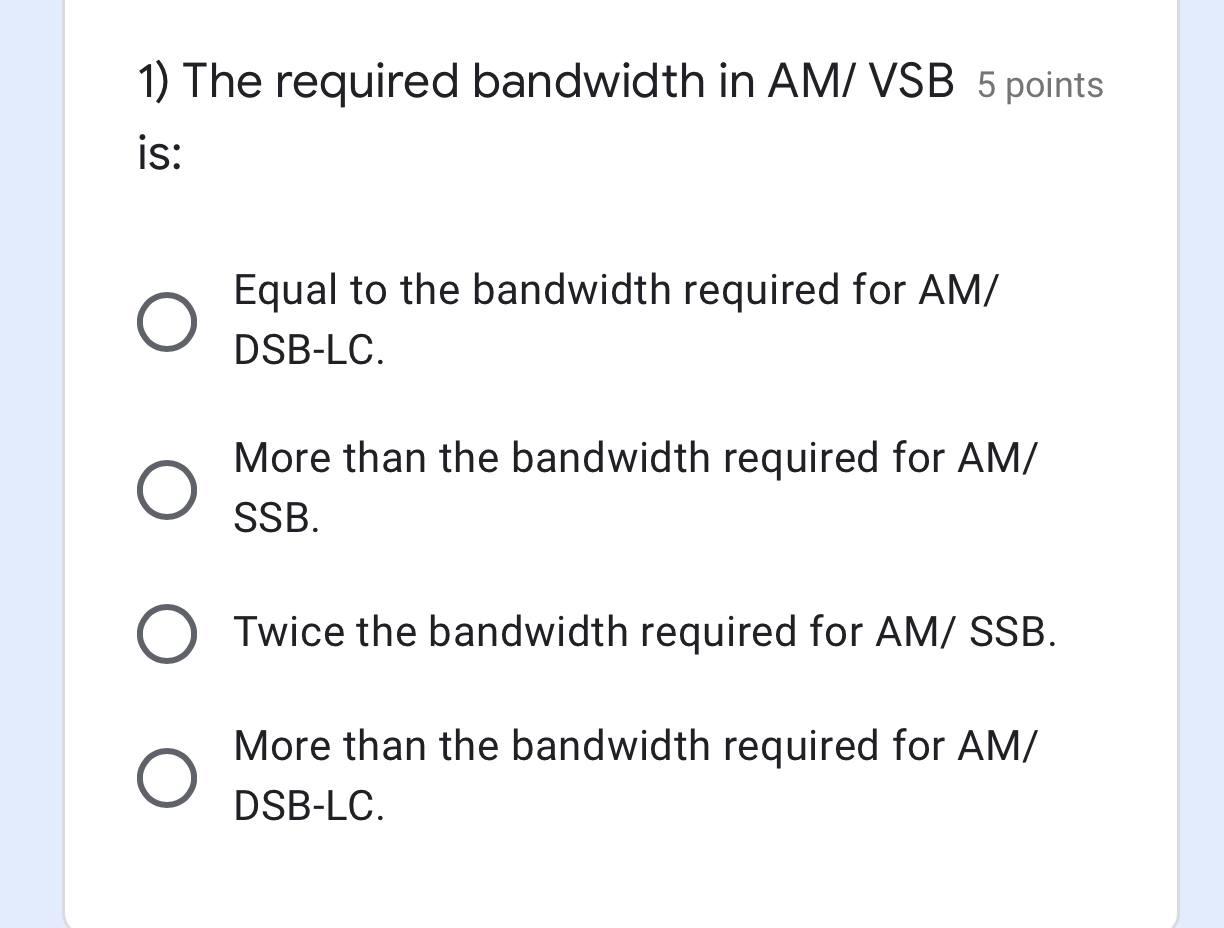 Solved 1) The required bandwidth in AM/VSB 5 points is: | Chegg.com