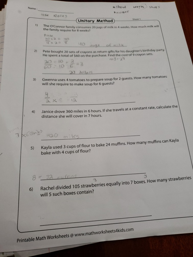 Solved Show wok sees Name Unitary Method Sheet 1 1) The | Chegg.com