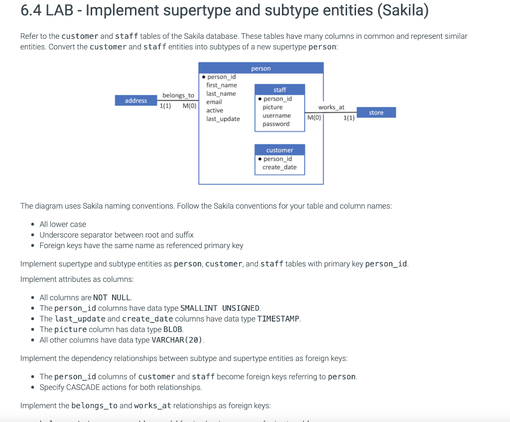 Solved 6.4 LAB - Implement supertype and subtype entities | Chegg.com