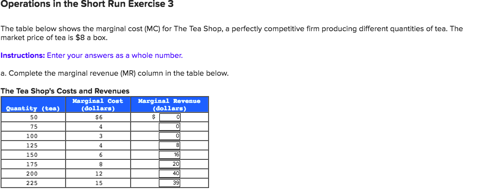 Solved Operations in the Short Run Exercise 3 The table | Chegg.com