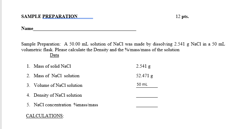 Solved SAMPLE PREPARATION 12 pts. Name Sample Preparation: A | Chegg.com