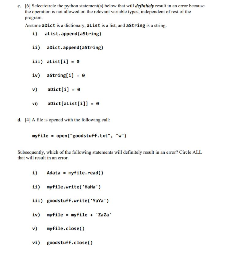 c. [6] Select/circle the python statement(s) below | Chegg.com