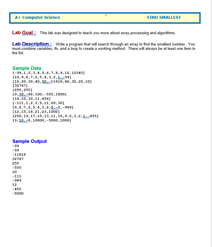 Solved A+ Computer Science FIND SMALLEST Lab Goal: This lab | Chegg.com