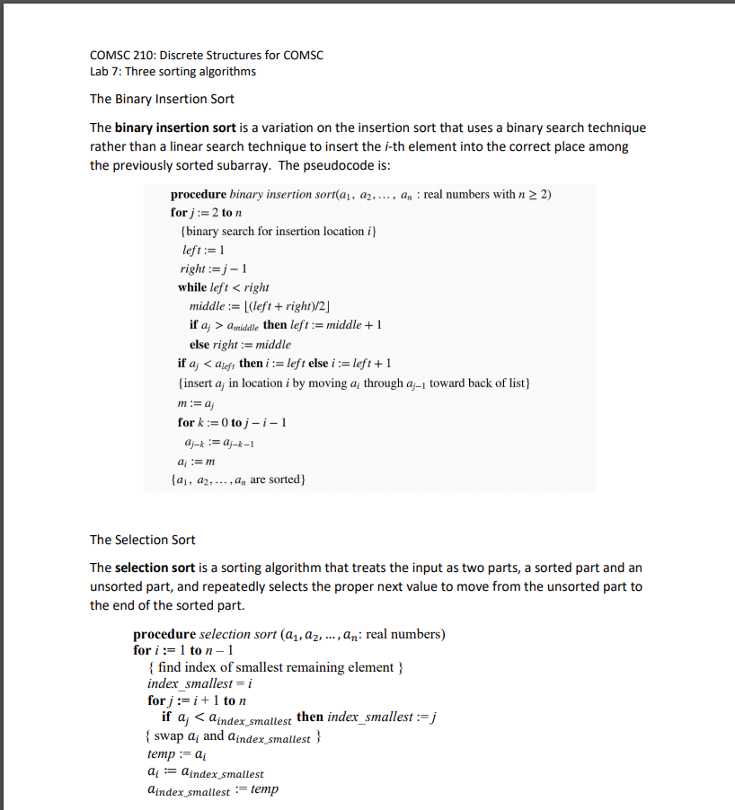 Solved COMSC 210: Discrete Structures for COMSC Lab 7: Three | Chegg.com