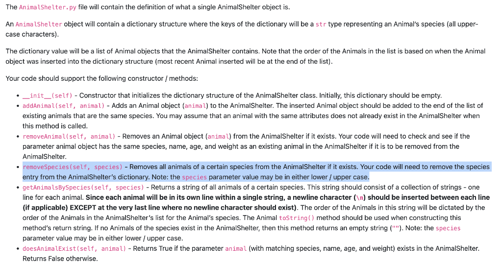 Solved The AnimalShelter.py file will contain the definition | Chegg.com