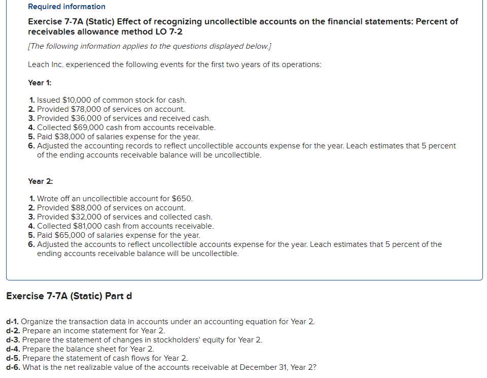 Solved Required information Exercise 7-7A (Static) Effect of | Chegg.com