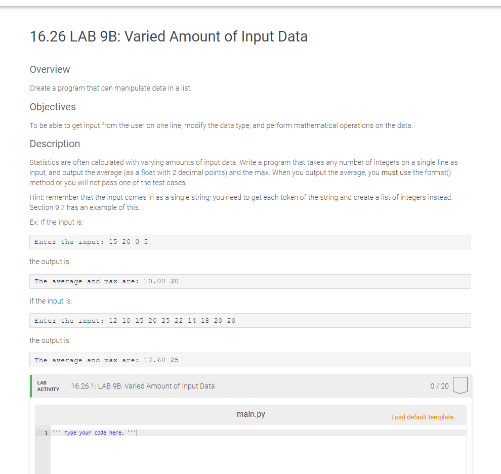 Solved 16.26 LAB 9B: Varied Amount of Input Data Overview | Chegg.com