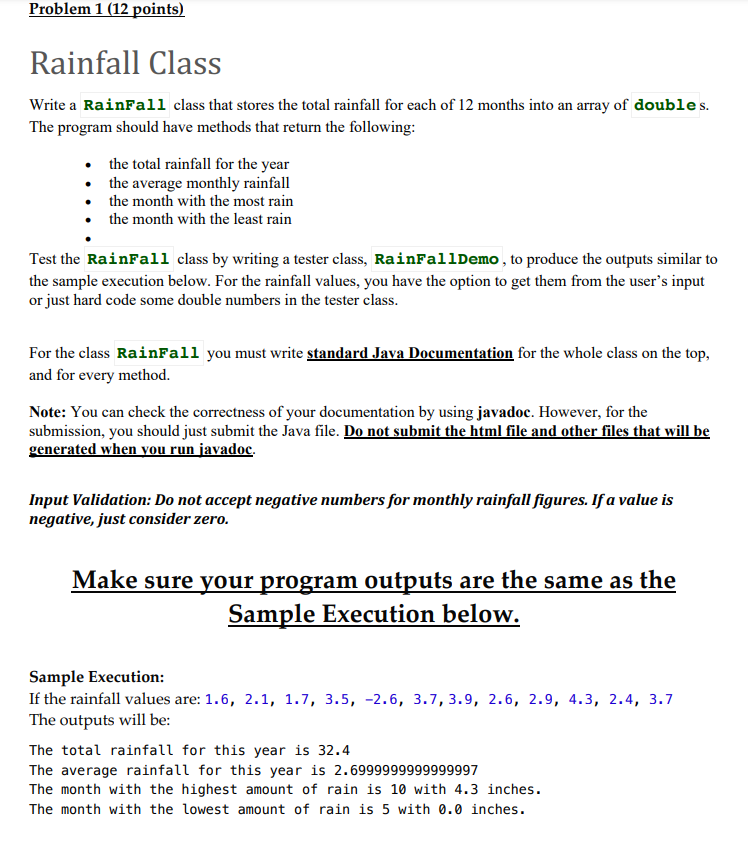 Solved Problem 1 (12 points) Rainfall Class Write a Rainfall | Chegg.com