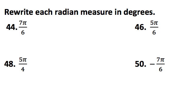 Solved Rewrite each degree measure in radians. 34. 140° 36. | Chegg.com