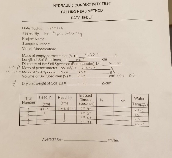 Solved Hydraulic conductivity test geotechnical lab. | Chegg.com