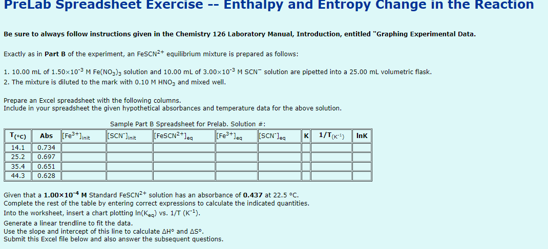 Solved -- PreLab Spreadsheet Exercise Enthalpy and Entropy | Chegg.com