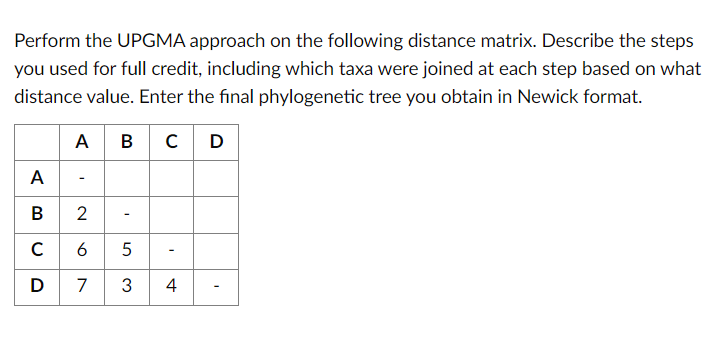 Solved Perform the UPGMA approach on the following distance | Chegg.com