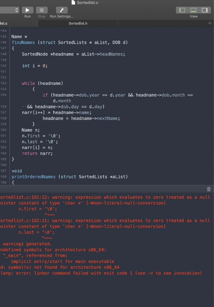 Solved Sortedlist.c Run Stop Run Settings View Sortedlist.h | Chegg.com
