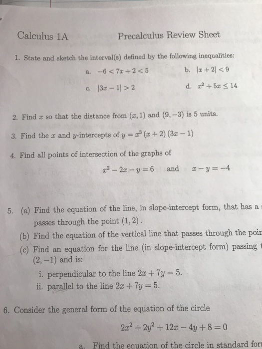 Solved Calculus 1A Precalculus Review Sheet 1. State and | Chegg.com