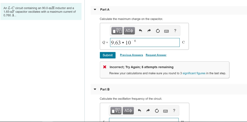 Solved Part A An L C Circuit Containing An 90 0 Mh Inductor