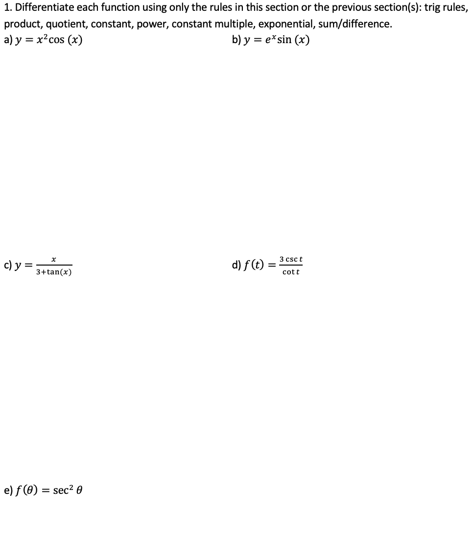 Solved 1 Differentiate Each Function Using Only The Rules 5253