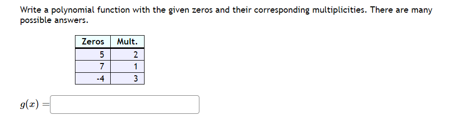 Solved Write a polynomial function with the given zeros and | Chegg.com