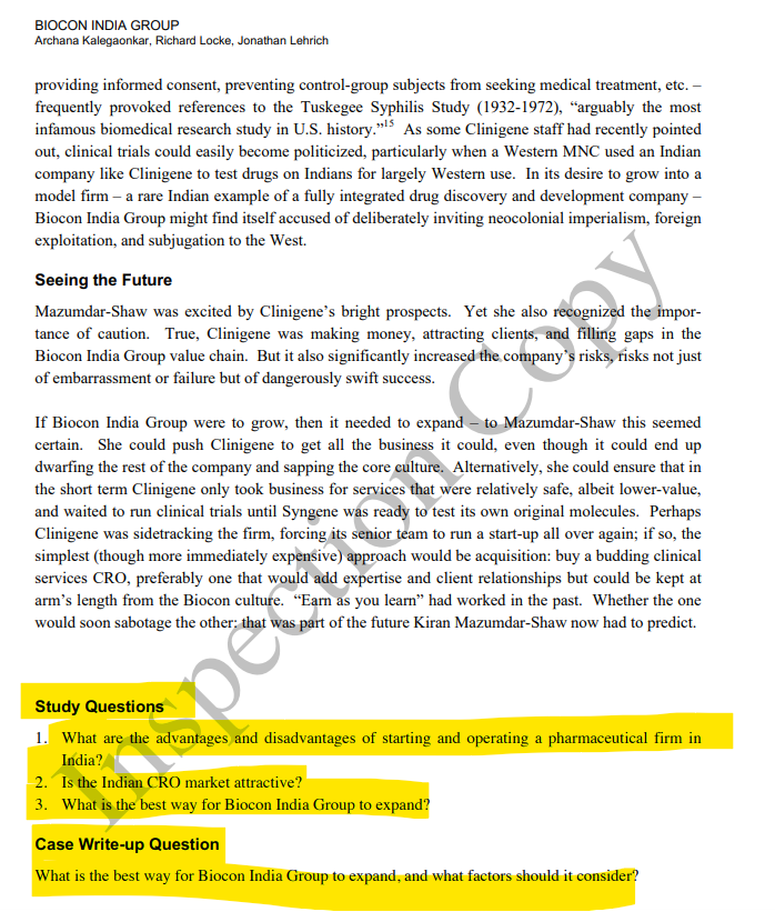 Solved Biocon India Group Archana Kalegaonkar, Richard | Chegg.com