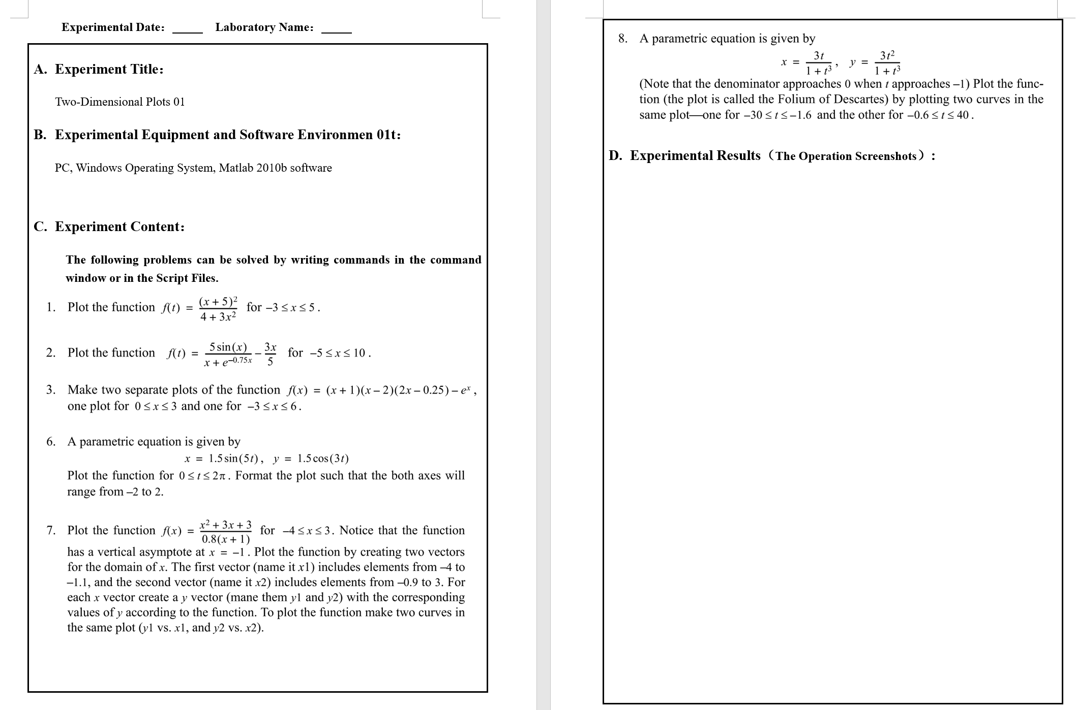 Solved A Experiment Title Two Dimensional Plots 01 B