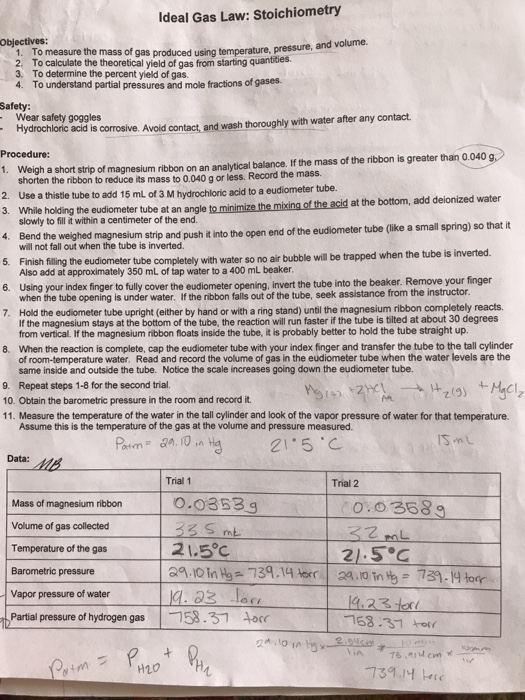 Solved Ideal Gas Law: Stoichiometry Objectives 1. To measure | Chegg.com