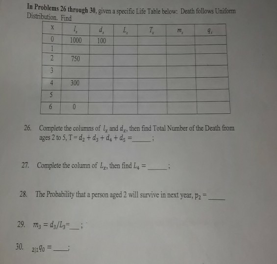 Solved roblems 26 through 30, given a specific Life Table | Chegg.com Solved roblems 26 through 30, given a specific Life Table | Chegg.com