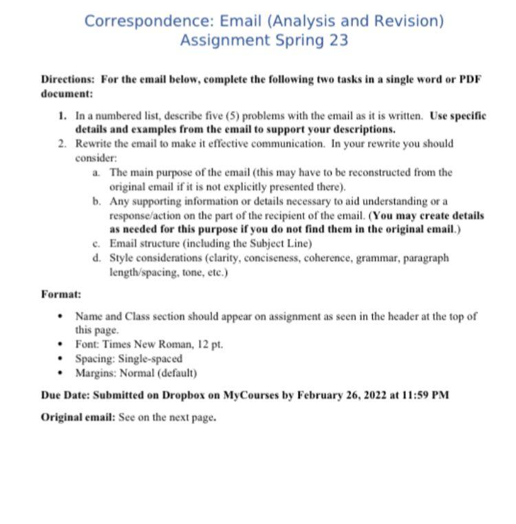 Correspondence: Email (Analysis and Revision) | Chegg.com