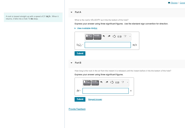 Solved A rock is tossed straight up with a speed of 21 m/s. | Chegg.com