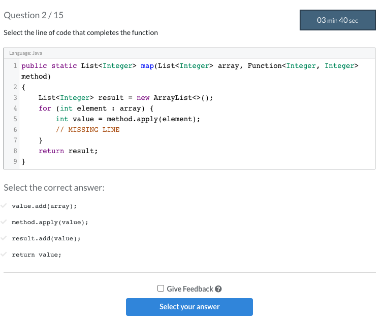 Solved Question 2/15 03 min 40 sec Select the line of code | Chegg.com