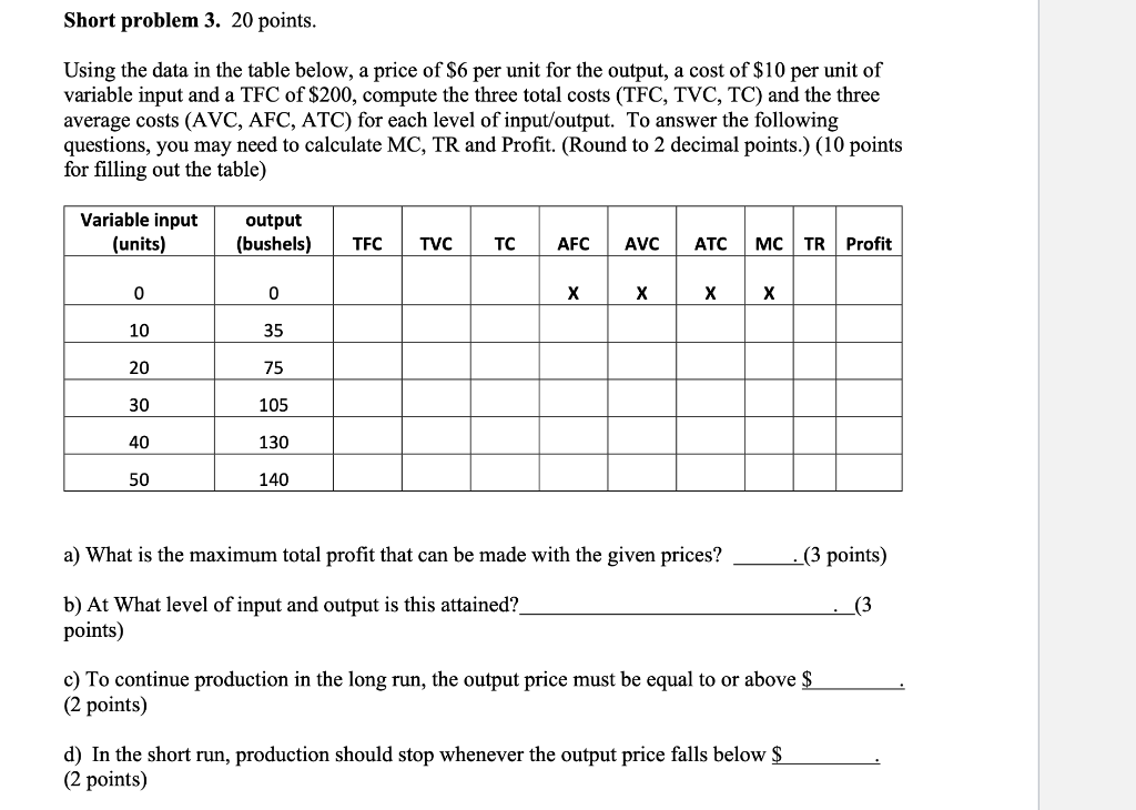 Solved Short problem 3. 20 points. Using the data in the | Chegg.com