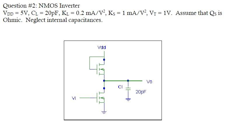Solved Question \#2: NMOS Inverter VDD=5 V,CL=20pF,KL=0.2 | Chegg.com