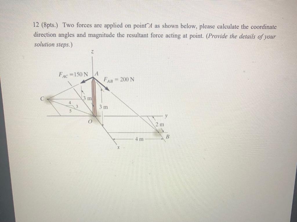 Solved 12 (8pts.) Two forces are applied on point A as shown | Chegg.com