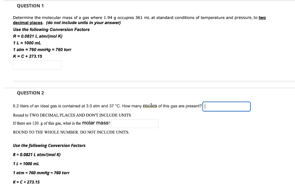 Solved Determine the molecular mass of a gas where 1.94 g | Chegg.com