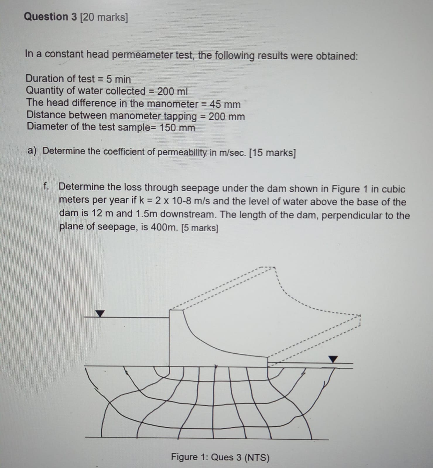 Solved Question 3 [20 ﻿marks]In a constant head permeameter | Chegg.com