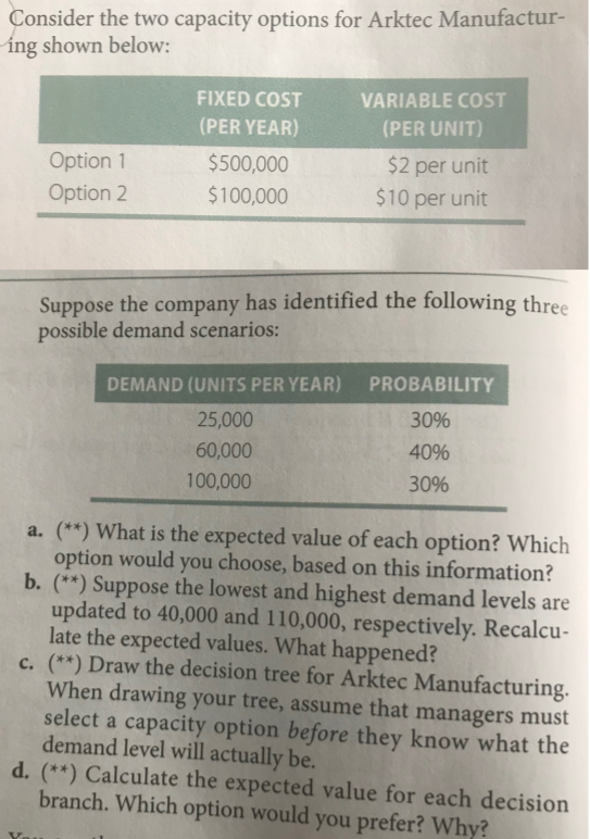 Solved Consider the two capacity options for Arktec | Chegg.com