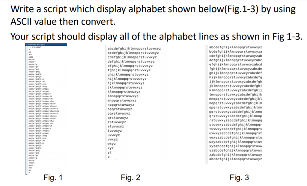 Write a script which display alphabet shown | Chegg.com