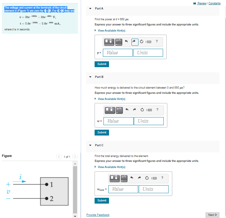 Solved Review Constants Part A The voltage and current at | Chegg.com Solved Review Constants Part A The voltage and current at | Chegg.com