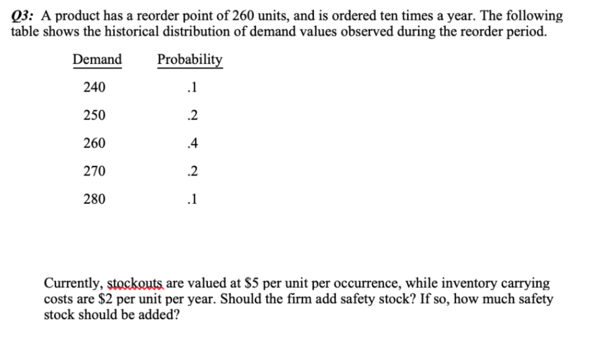 Solved Q3: A product has a reorder point of 260 units, and | Chegg.com