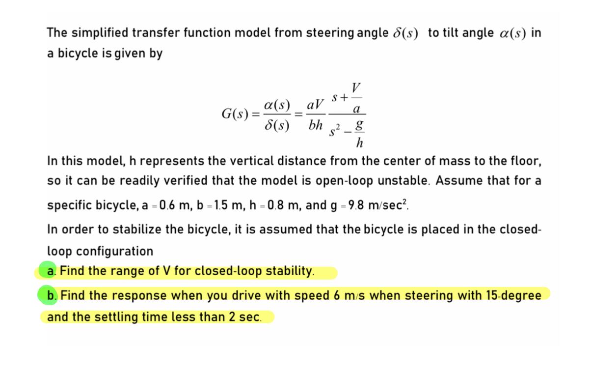 Solved The simplified transfer function model from steering | Chegg.com