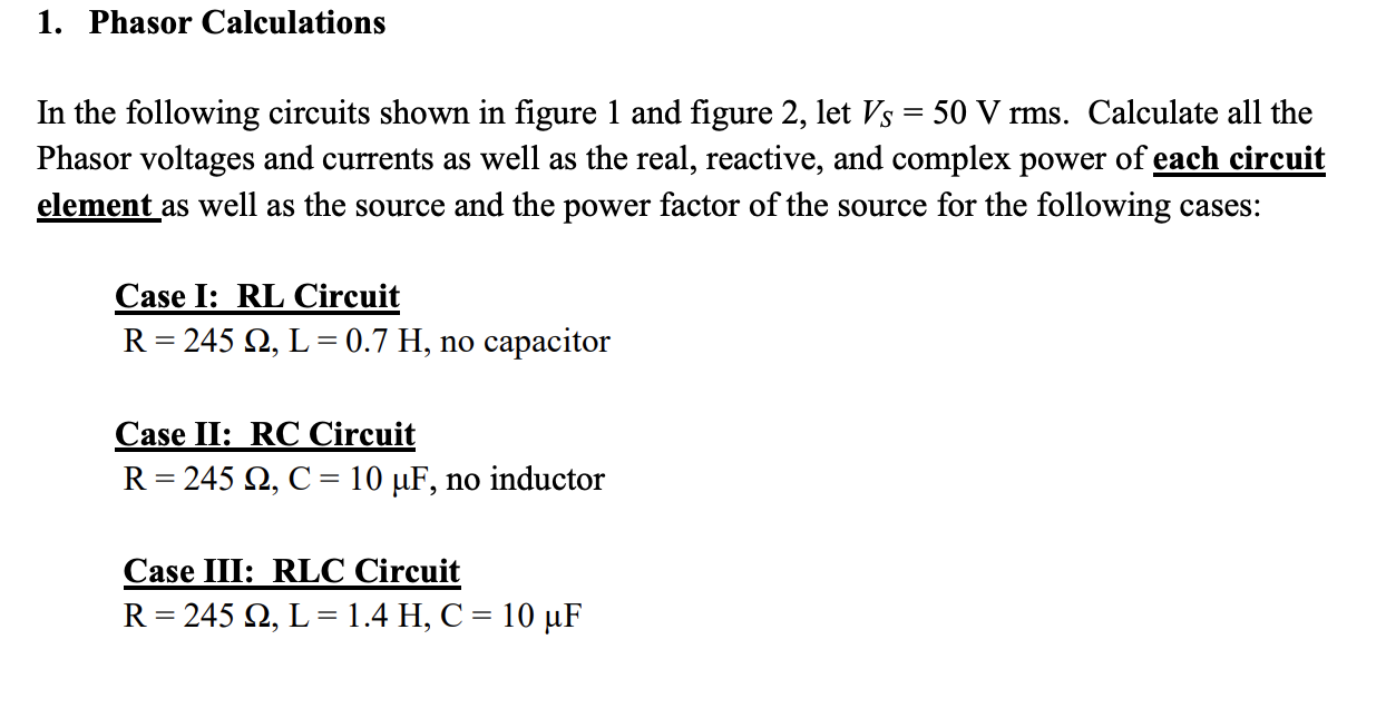 Solved 1. Phasor Calculations In the following circuits | Chegg.com
