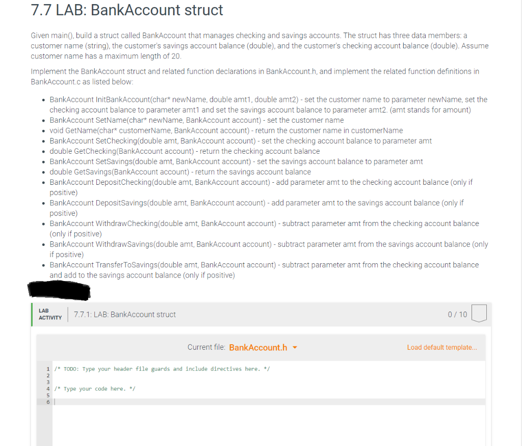 Solved 7.7 LAB: BankAccount struct Given main(), build a | Chegg.com