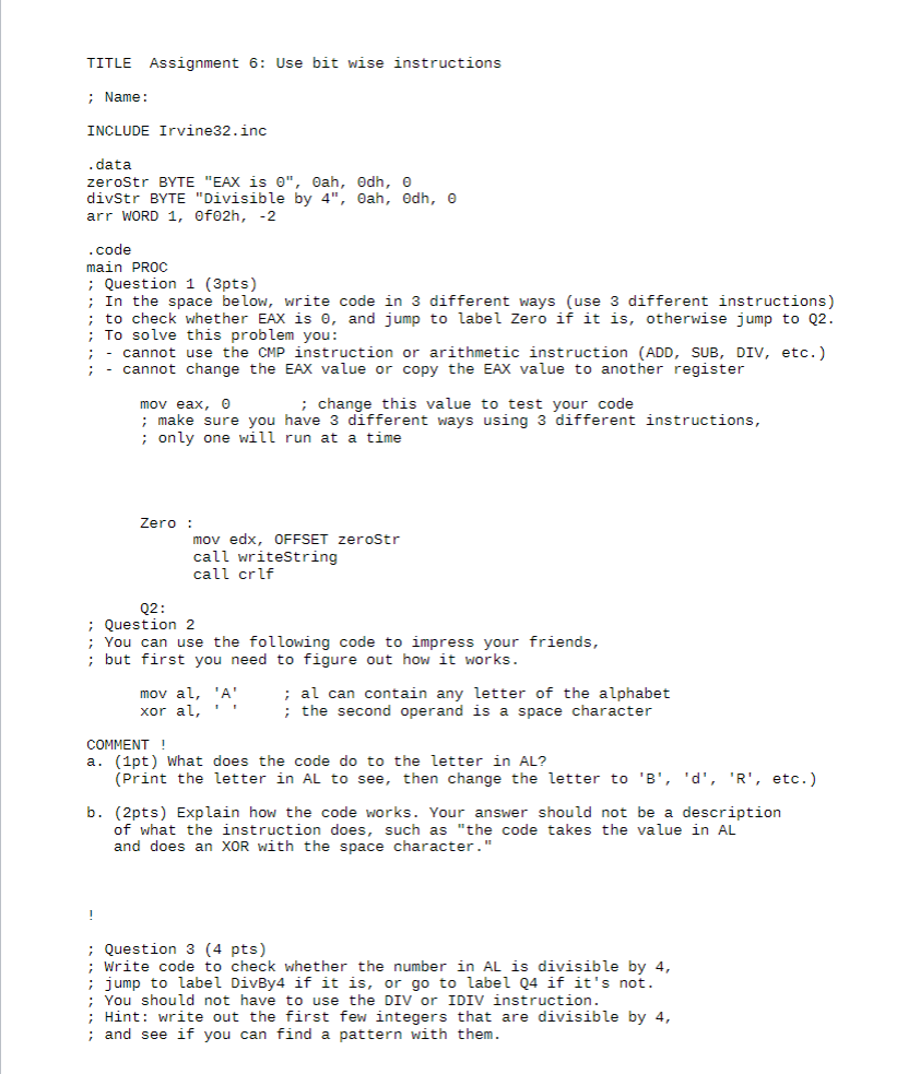 Solved TITLE Assignment 6: Use bit wise instructions ; Name: | Chegg.com