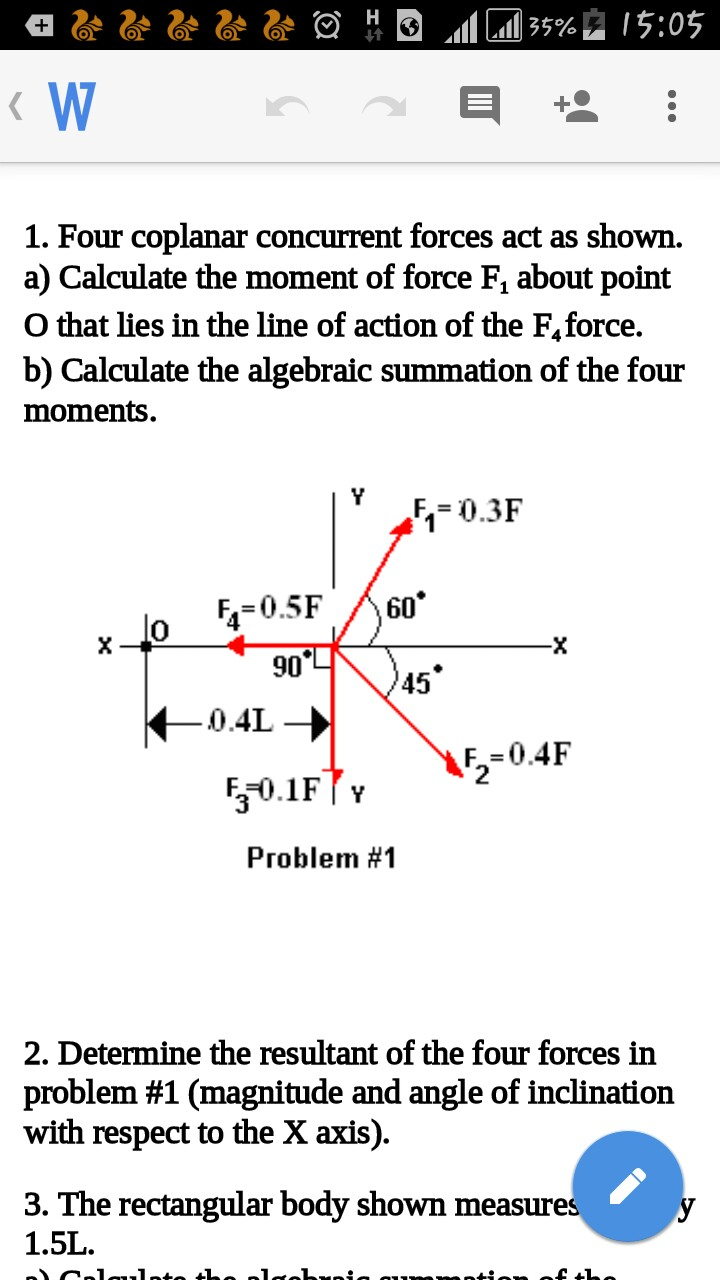 Solved 15:05 35% 1. Four coplanar concurrent forces act as | Chegg.com