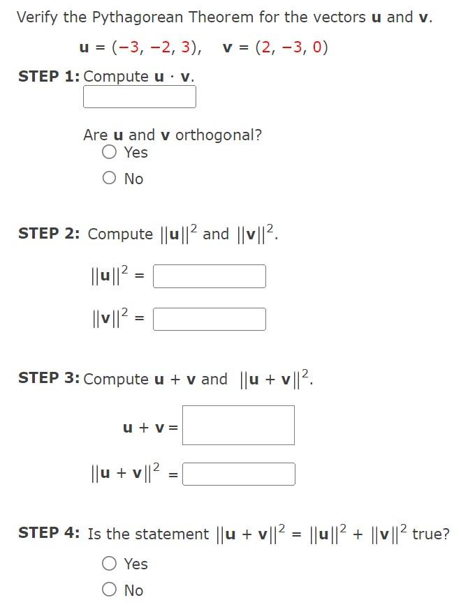 Solved Verify the Pythagorean Theorem for the vectors u and | Chegg.com