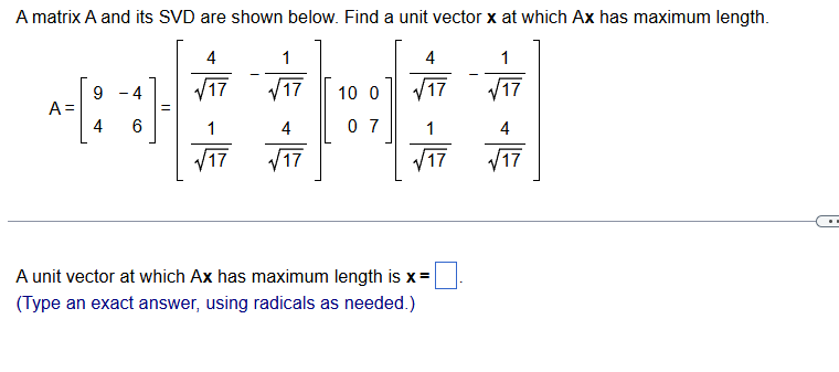 Solved A matrix A and its SVD ﻿are shown below. Find a unit | Chegg.com