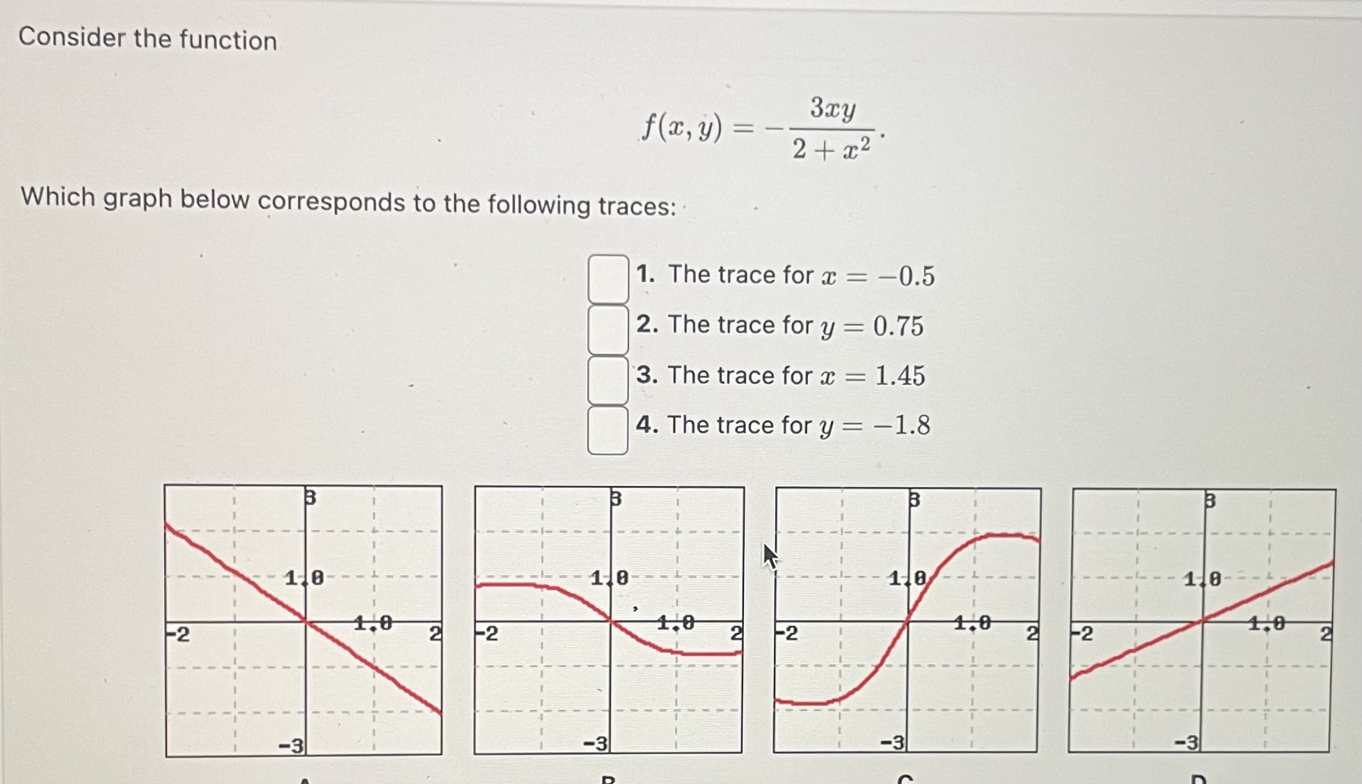 Solved Consider the functionf(x,y)=-3xy2+x2Which graph below | Chegg.com