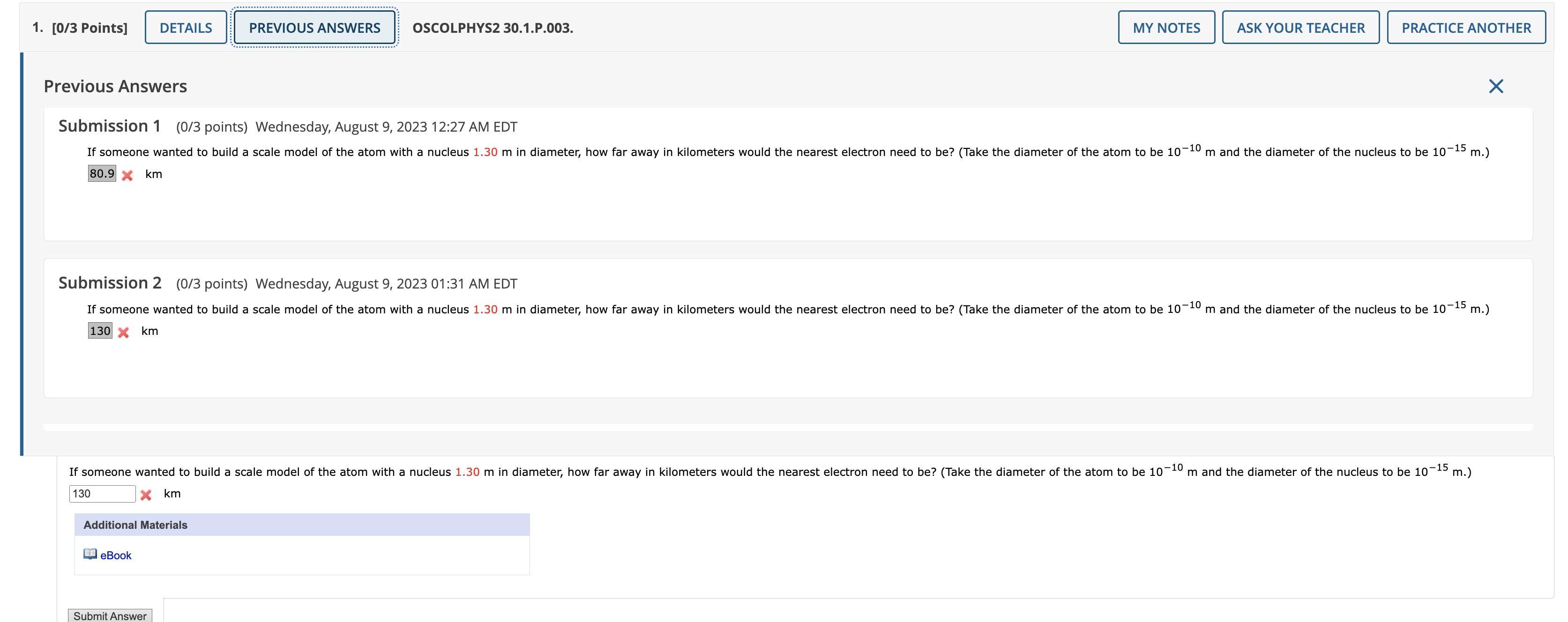 Solved Submission 1 (0/3 points) Wednesday, August 9, 2023 | Chegg.com